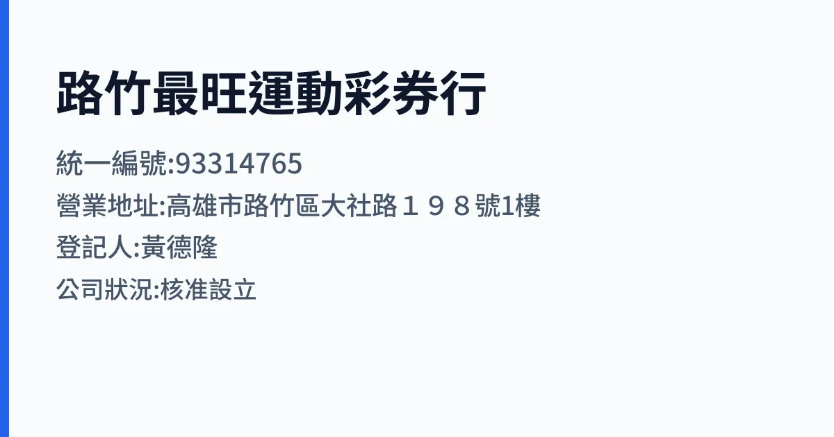 路竹最旺運動彩券行 - 統編 93314765(高雄市) 公司登記資料與營業項目詳細圖表