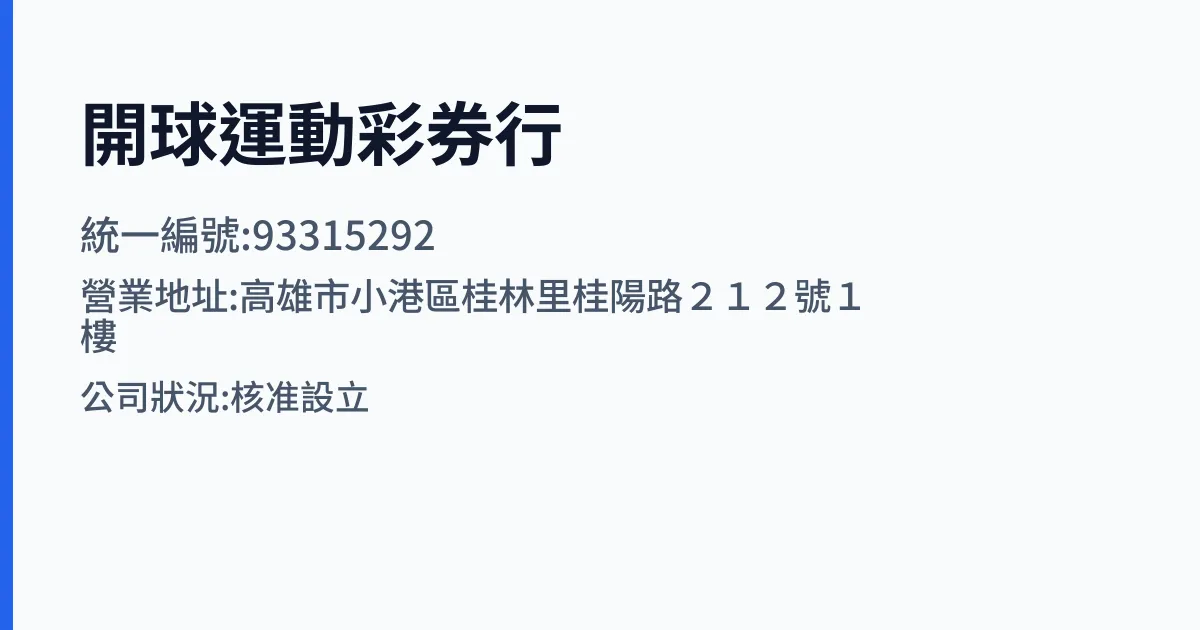 開球運動彩券行 - 統編 93315292(高雄市) 公司登記資料與營業項目詳細圖表