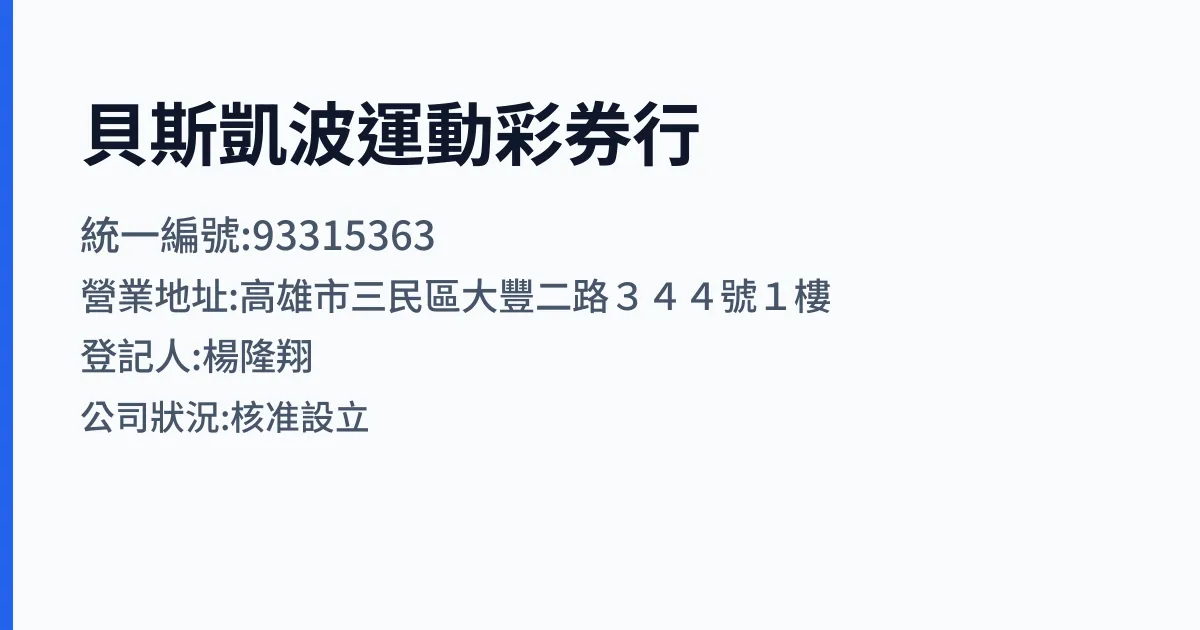貝斯凱波運動彩券行 - 統編 93315363(高雄市) 公司登記資料與營業項目詳細圖表
