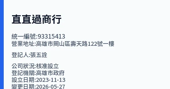 直直過商行的照片-統編 93315413(高雄市) 公司登記資料與營業項目詳細圖表
