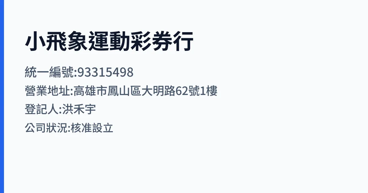 小飛象運動彩券行 - 統編 93315498(高雄市) 公司登記資料與營業項目詳細圖表