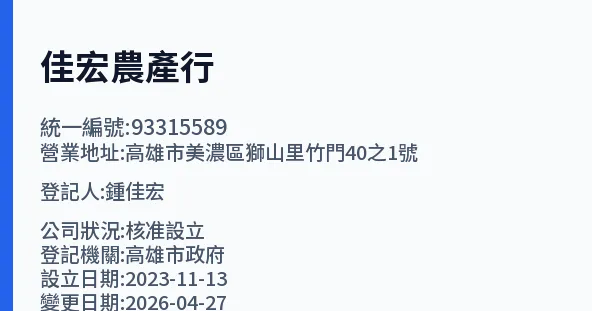 佳宏農產行的照片-統編 93315589(高雄市) 公司登記資料與營業項目詳細圖表