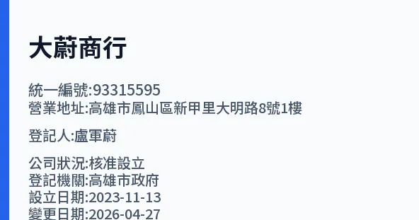 大蔚商行的照片-統編 93315595(高雄市) 公司登記資料與營業項目詳細圖表