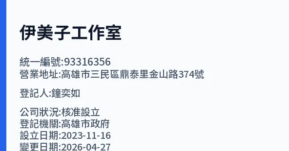 伊美子工作室的照片-統編 93316356(高雄市) 公司登記資料與營業項目詳細圖表