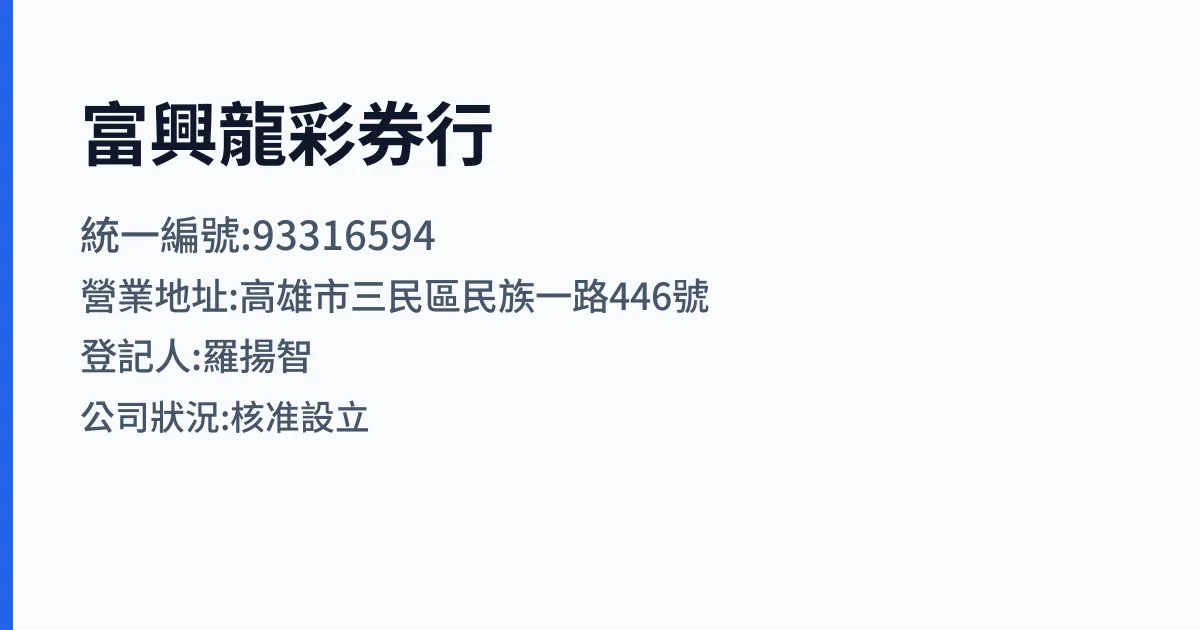 富興龍彩券行 - 統編 93316594(高雄市) 公司登記資料與營業項目詳細圖表
