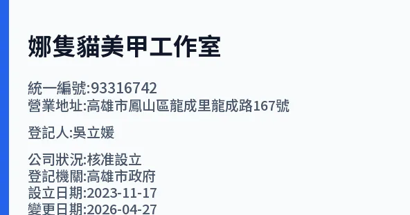 娜隻貓美甲工作室的照片-統編 93316742(高雄市) 公司登記資料與營業項目詳細圖表