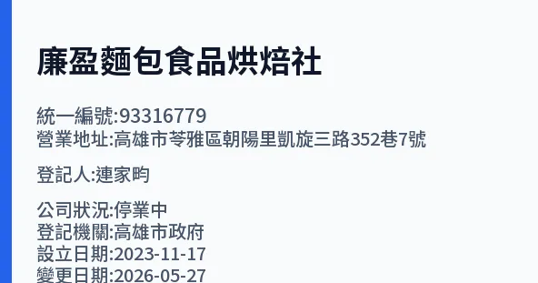 廉盈麵包食品烘焙社的照片-統編 93316779(高雄市) 公司登記資料與營業項目詳細圖表