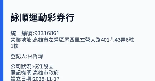 詠順運動彩券行的照片-統編 93316861(高雄市) 公司登記資料與營業項目詳細圖表