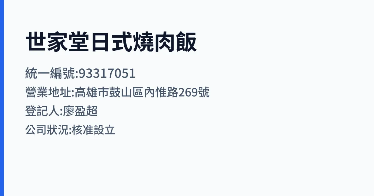 世家堂日式燒肉飯 - 統編 93317051(高雄市) 公司登記資料與營業項目詳細圖表