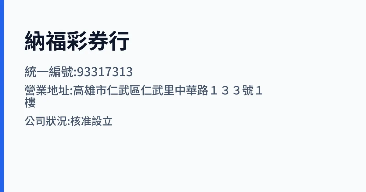 納福彩券行 - 統編 93317313(高雄市) 公司登記資料與營業項目詳細圖表