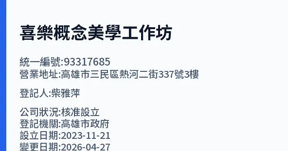 喜樂概念美學工作坊的照片-統編 93317685(高雄市) 公司登記資料與營業項目詳細圖表