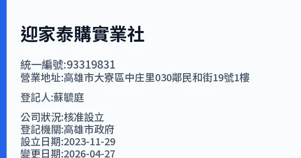 迎家泰購實業社的照片-統編 93319831(高雄市) 公司登記資料與營業項目詳細圖表
