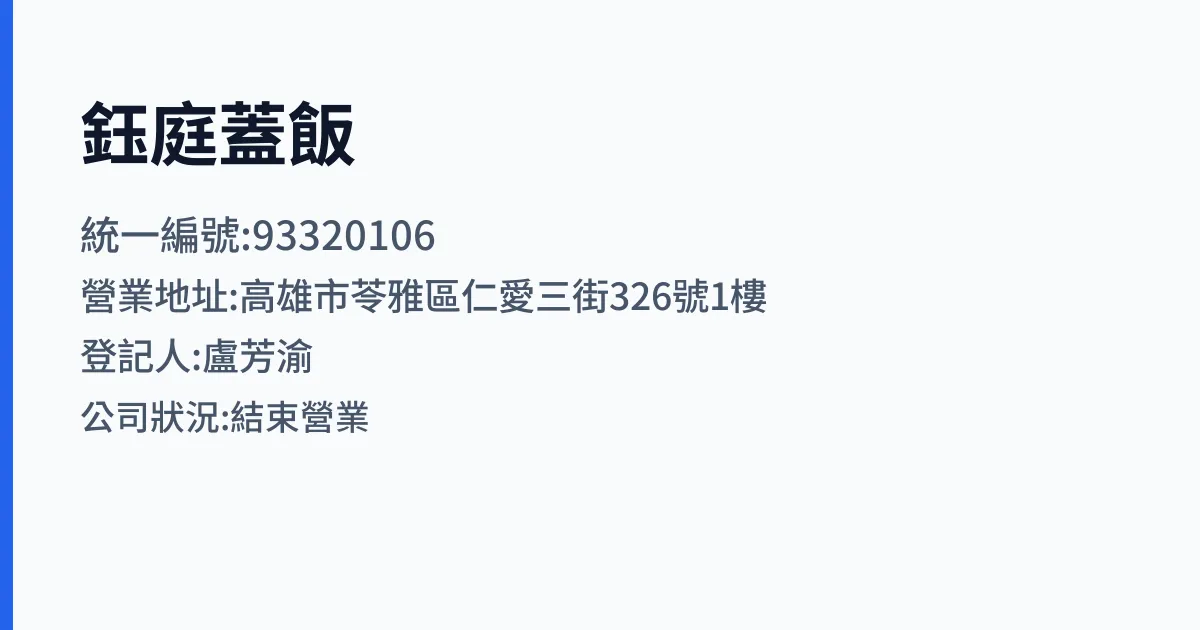 鈺庭蓋飯 - 統編 93320106(高雄市) 公司登記資料與營業項目詳細圖表