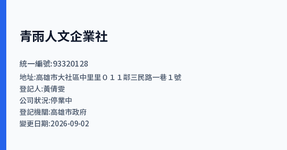 青雨人文企業社的照片-統編 93320128(高雄市) 公司登記資料與營業項目詳細圖表