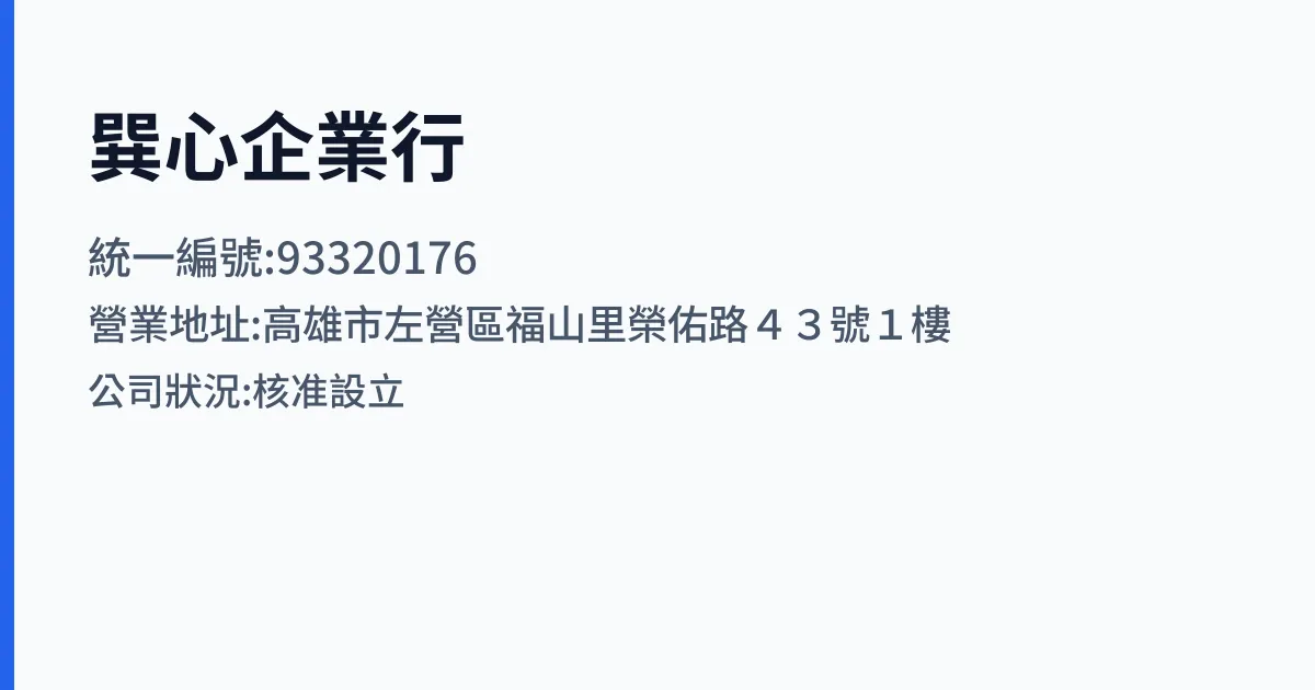 巽心企業行 - 統編 93320176（高雄市） 公司登記資料與營業項目詳細圖表