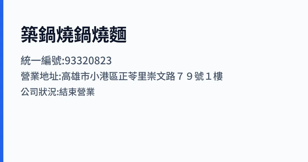 築鍋燒鍋燒麵 - 統編 93320823(高雄市) 公司登記資料與營業項目詳細圖表