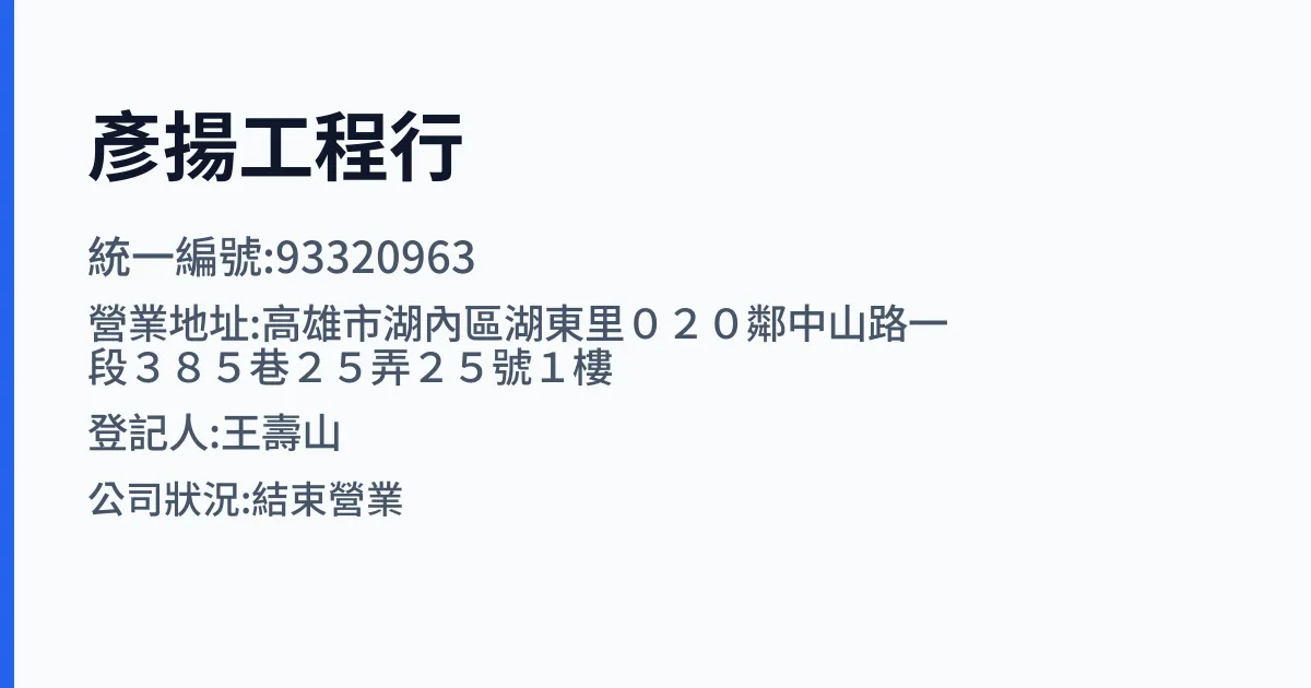 彥揚工程行 - 統編 93320963(高雄市) 公司登記資料與營業項目詳細圖表
