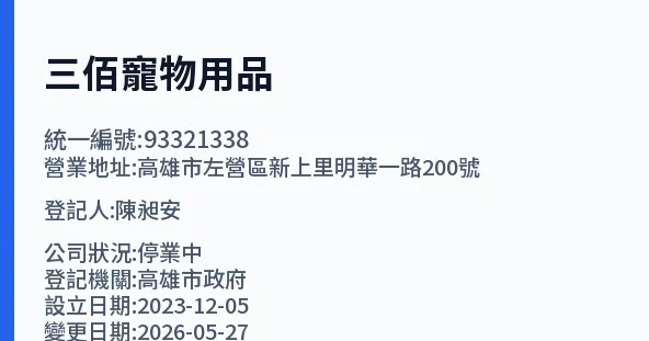 三佰寵物用品的照片-統編 93321338(高雄市) 公司登記資料與營業項目詳細圖表