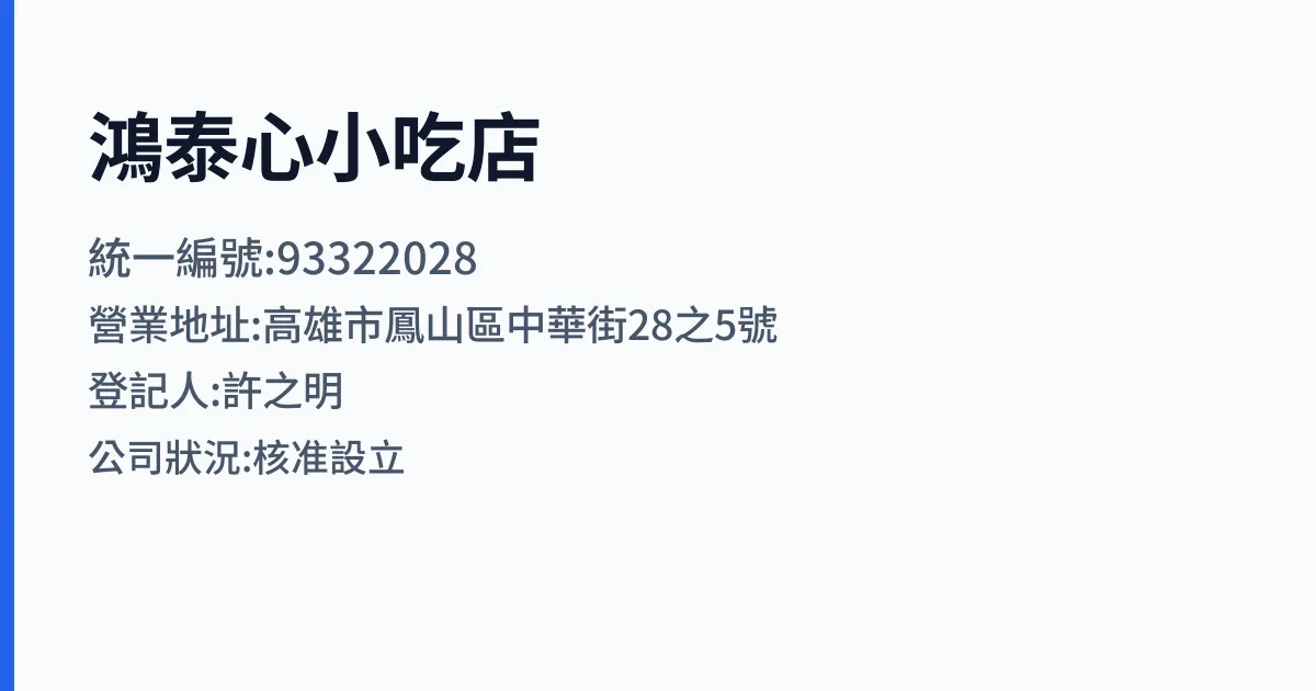 鴻泰心小吃店 - 統編 93322028(高雄市) 公司登記資料與營業項目詳細圖表