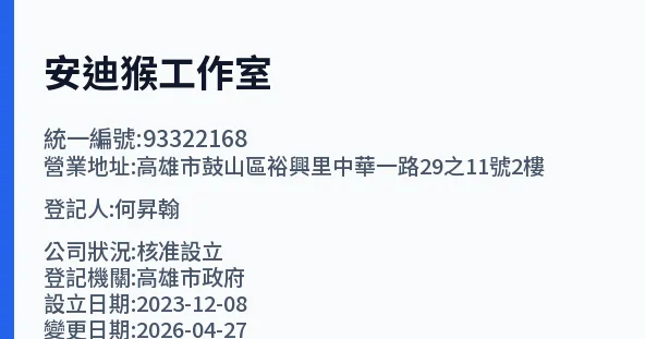 安迪猴工作室的照片-統編 93322168(高雄市) 公司登記資料與營業項目詳細圖表