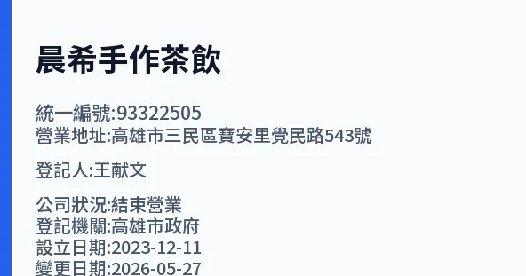 晨希手作茶飲的照片-統編 93322505(高雄市) 公司登記資料與營業項目詳細圖表
