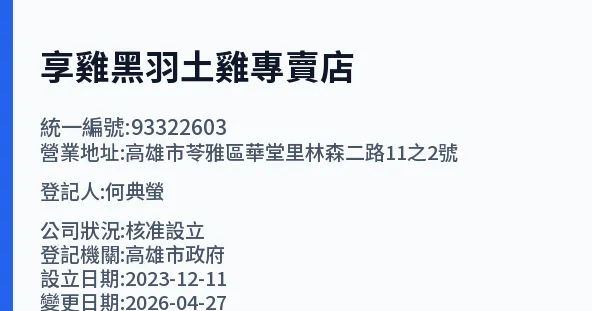 享雞黑羽土雞專賣店的照片-統編 93322603(高雄市) 公司登記資料與營業項目詳細圖表