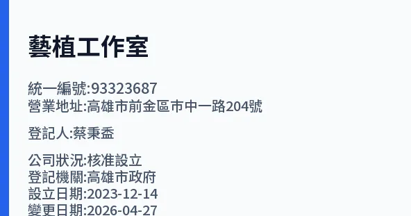 藝植工作室的照片-統編 93323687(高雄市) 公司登記資料與營業項目詳細圖表