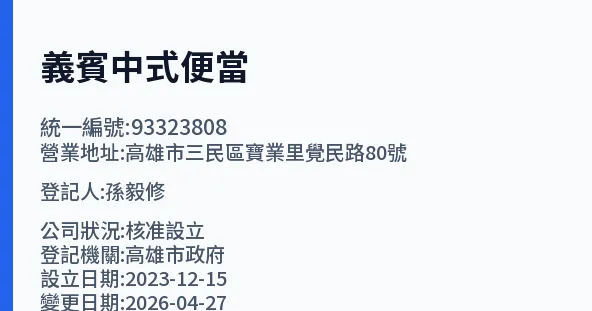 義賓中式便當的照片-統編 93323808(高雄市) 公司登記資料與營業項目詳細圖表