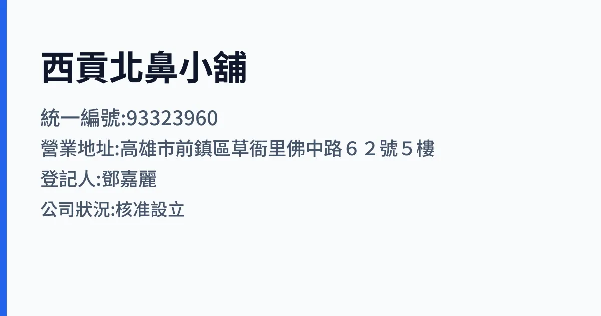 西貢北鼻小舖 - 統編 93323960(高雄市) 公司登記資料與營業項目詳細圖表
