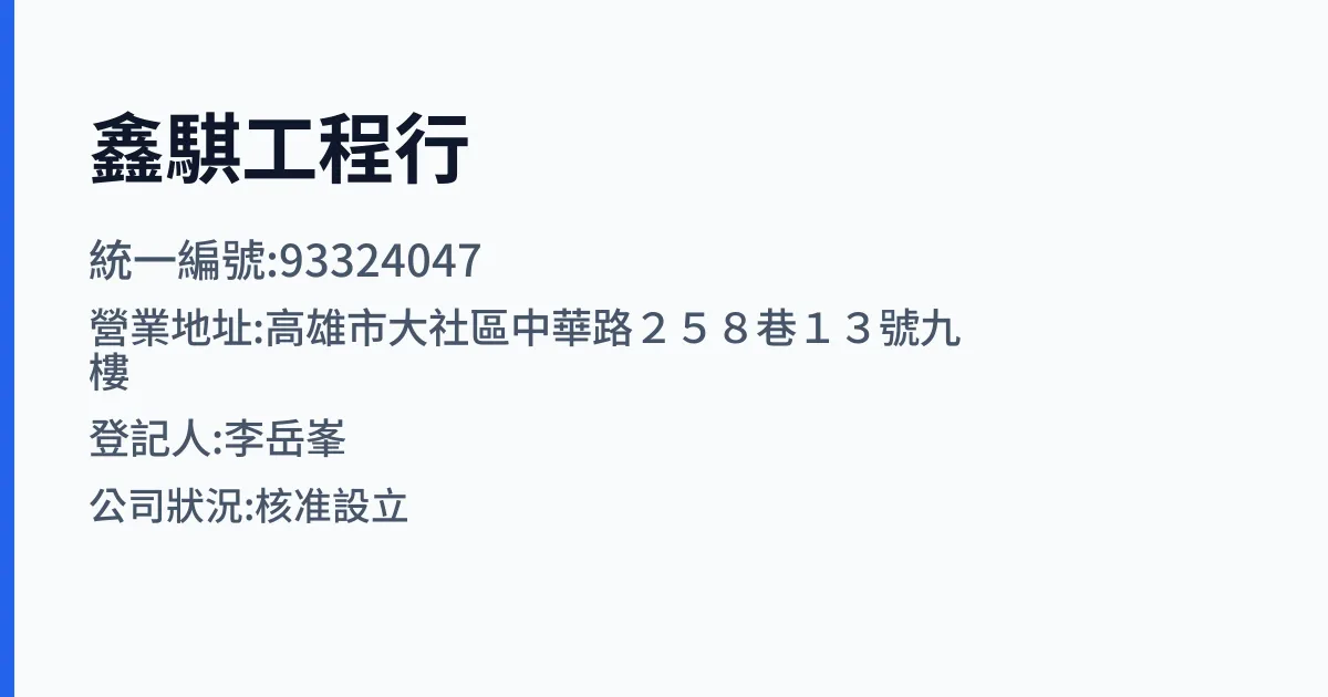 鑫騏工程行 - 統編 93324047(高雄市) 公司登記資料與營業項目詳細圖表