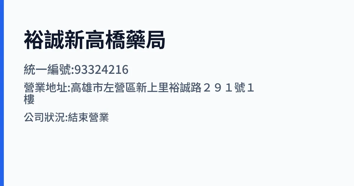 裕誠新高橋藥局 - 統編 93324216(高雄市) 公司登記資料與營業項目詳細圖表