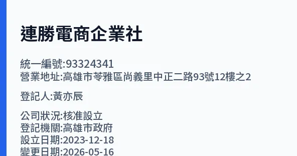 連勝電商企業社的照片-統編 93324341(高雄市) 公司登記資料與營業項目詳細圖表