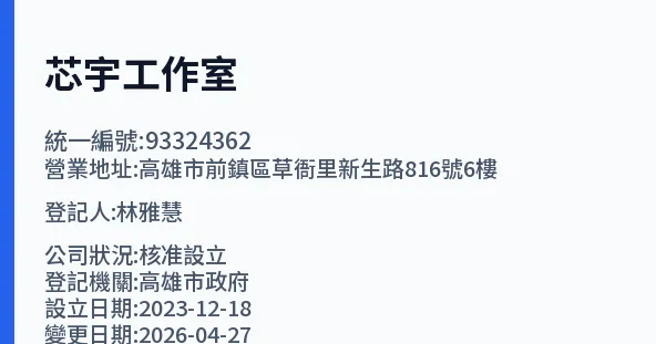 芯宇工作室的照片-統編 93324362(高雄市) 公司登記資料與營業項目詳細圖表
