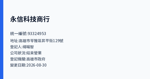 永信科技商行的照片-統編 93324953(高雄市) 公司登記資料與營業項目詳細圖表