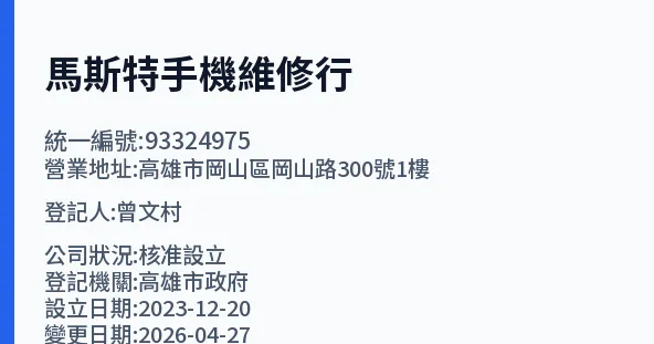 馬斯特手機維修行的照片-統編 93324975(高雄市) 公司登記資料與營業項目詳細圖表