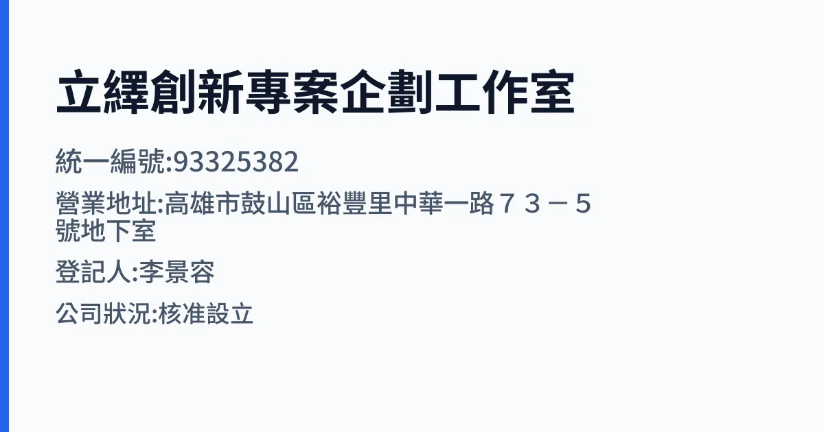立繹創新專案企劃工作室 - 統編 93325382(高雄市) 公司登記資料與營業項目詳細圖表