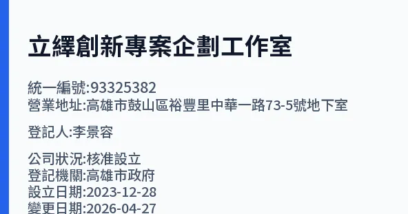 立繹創新專案企劃工作室的照片-統編 93325382(高雄市) 公司登記資料與營業項目詳細圖表