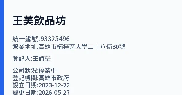 王美飲品坊的照片-統編 93325496(高雄市) 公司登記資料與營業項目詳細圖表