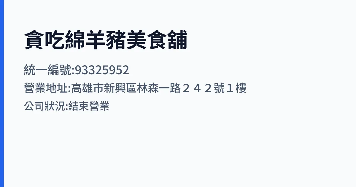 貪吃綿羊豬美食舖 - 統編 93325952(高雄市) 公司登記資料與營業項目詳細圖表