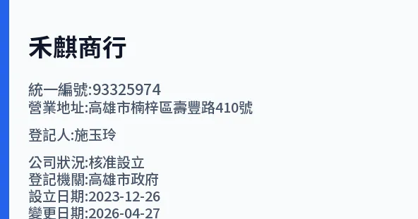 禾麒商行的照片-統編 93325974(高雄市) 公司登記資料與營業項目詳細圖表