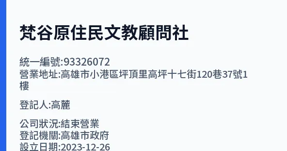 梵谷原住民文教顧問社的照片-統編 93326072(高雄市) 公司登記資料與營業項目詳細圖表