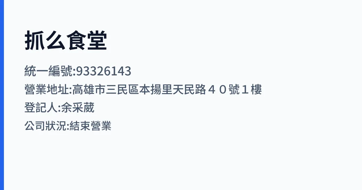 抓么食堂 - 統編 93326143(高雄市) 公司登記資料與營業項目詳細圖表