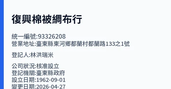 復興棉被綢布行的照片-統編 93326208(臺東縣) 公司登記資料與營業項目詳細圖表
