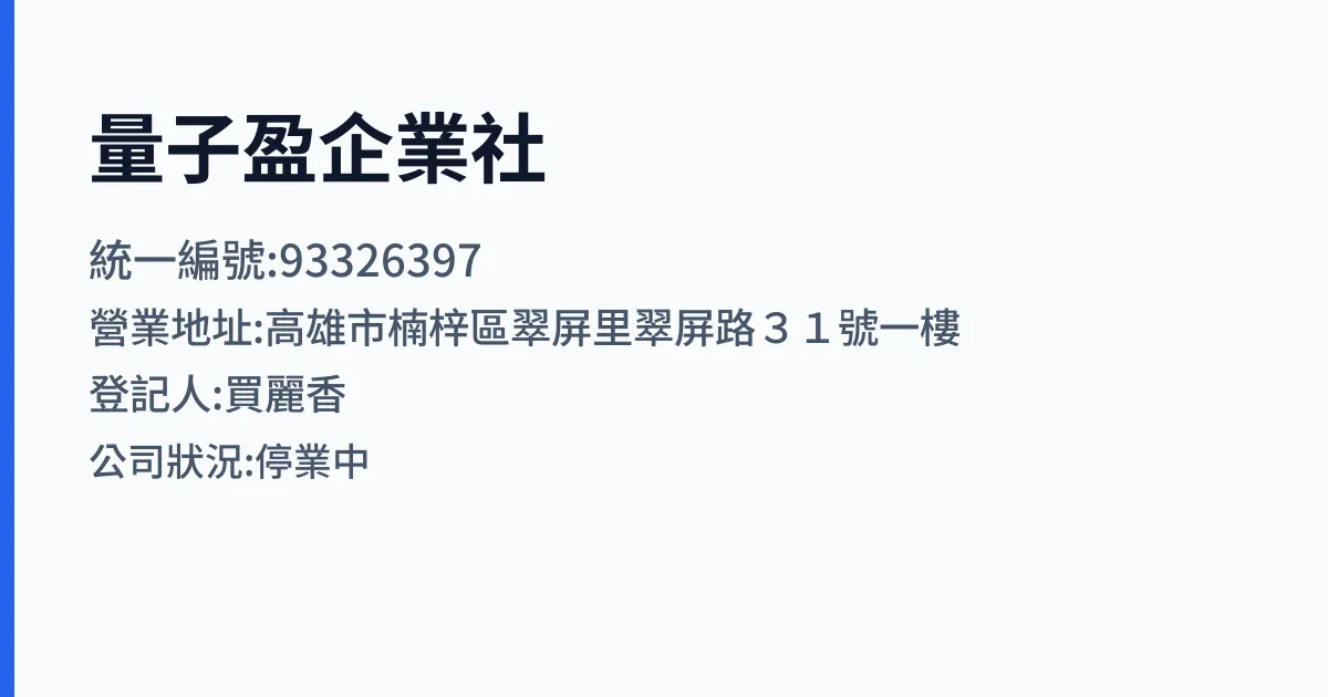 量子盈企業社 - 統編 93326397(高雄市) 公司登記資料與營業項目詳細圖表