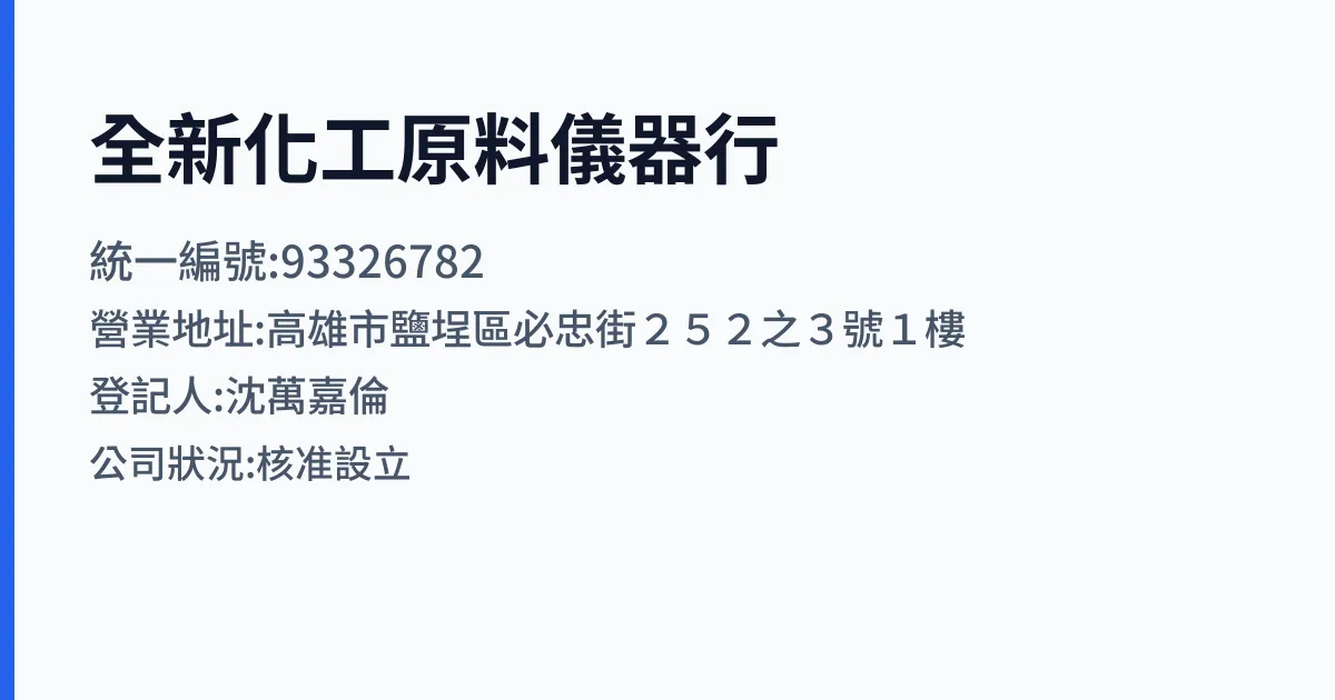 全新化工原料儀器行 - 統編 93326782(高雄市) 公司登記資料與營業項目詳細圖表