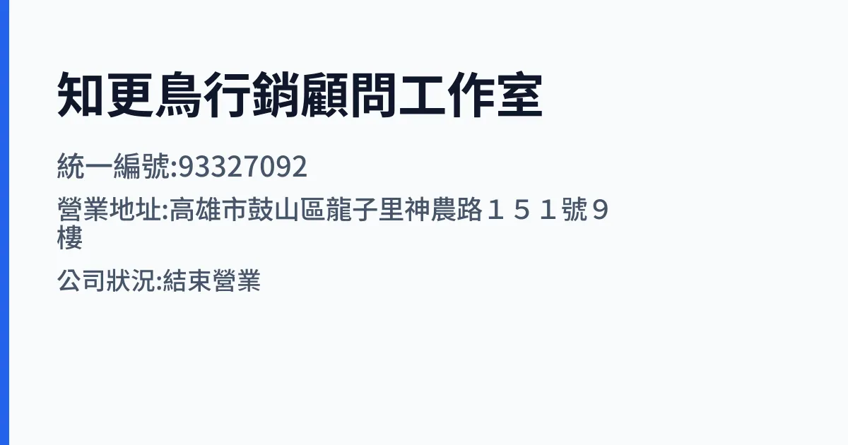 知更鳥行銷顧問工作室 - 統編 93327092(高雄市) 公司登記資料與營業項目詳細圖表