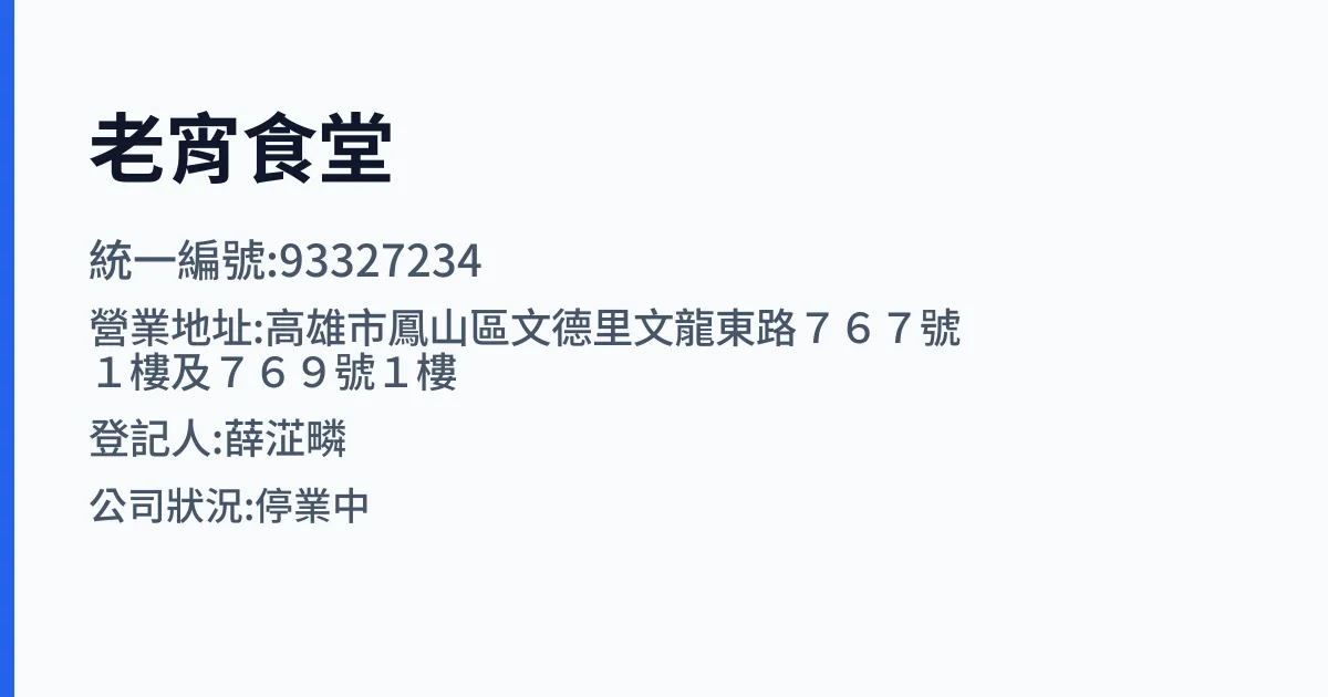 老宵食堂 - 統編 93327234(高雄市) 公司登記資料與營業項目詳細圖表