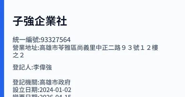 子強企業社的照片-統編 93327564(高雄市) 公司登記資料與營業項目詳細圖表