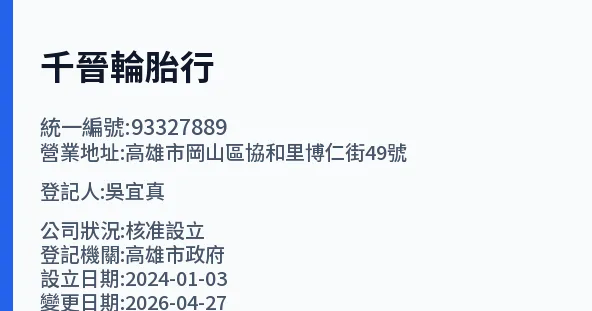 千晉輪胎行的照片-統編 93327889(高雄市) 公司登記資料與營業項目詳細圖表