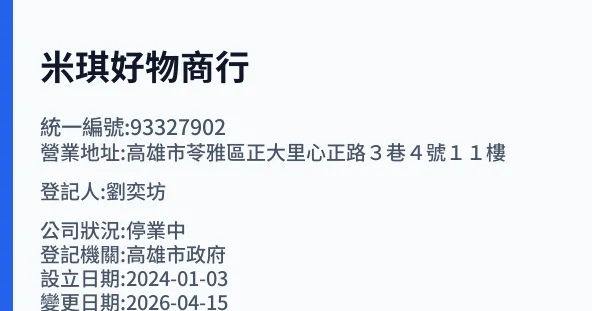 米琪好物商行的照片-統編 93327902(高雄市) 公司登記資料與營業項目詳細圖表